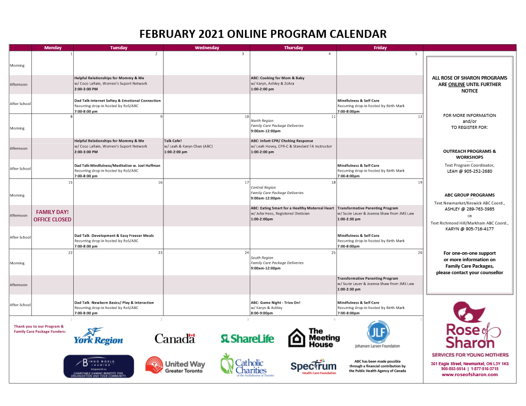 Program Calendar - Rose of Sharon
